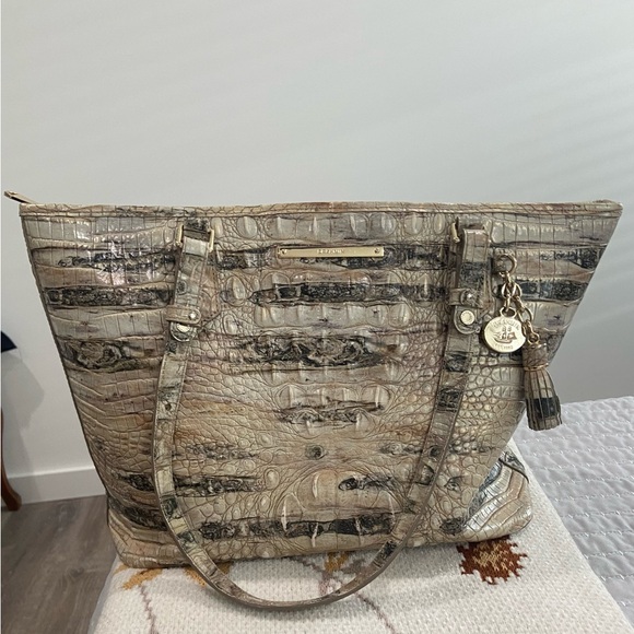 Brahmin | Bags | Brahmin Tan And Gray Crocodile Embossed Tote Bag ...